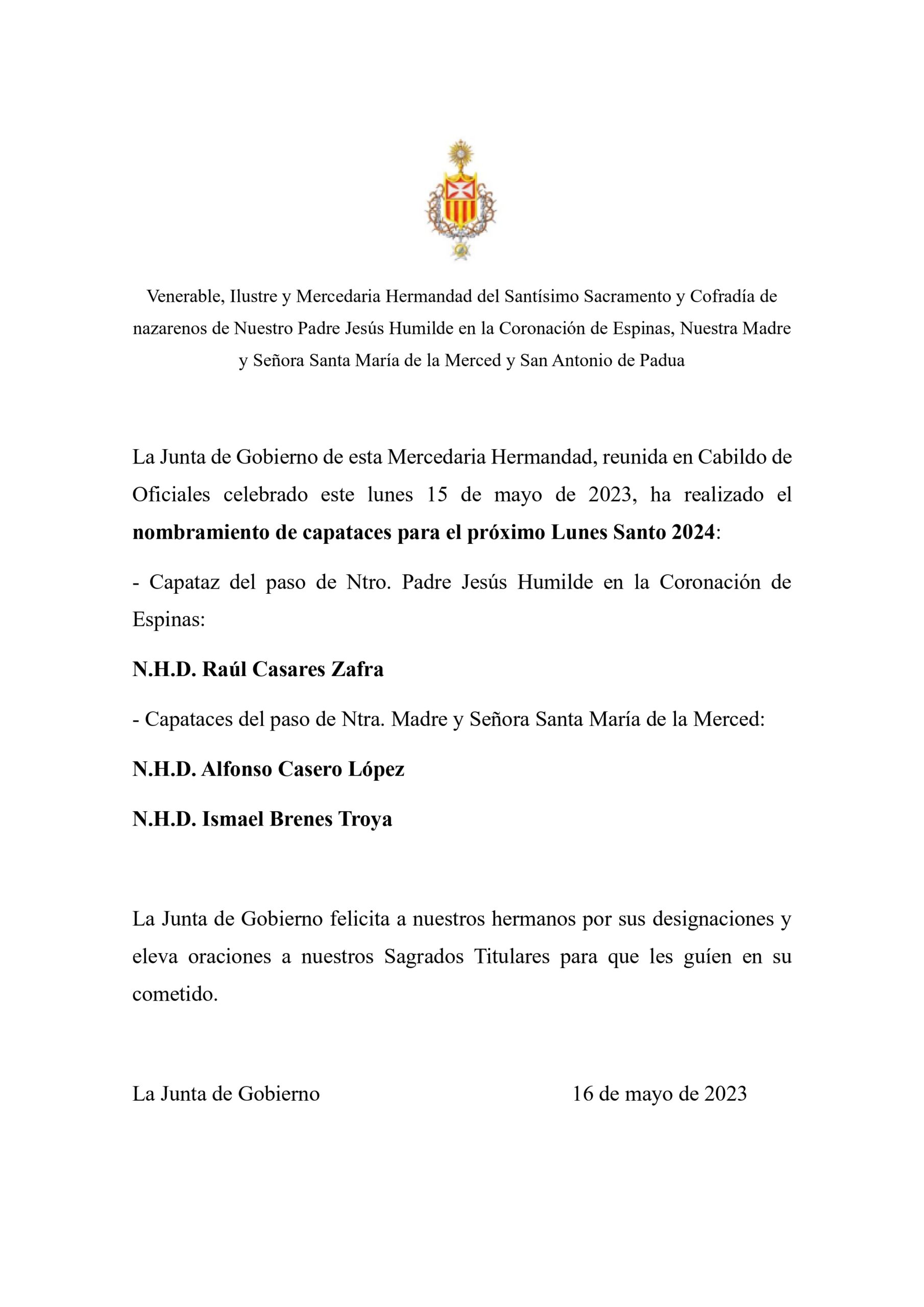 NOMBRAMIENTO DE CAPATACES PARA EL LUNES SANTO 2024 – Hermandad ...
